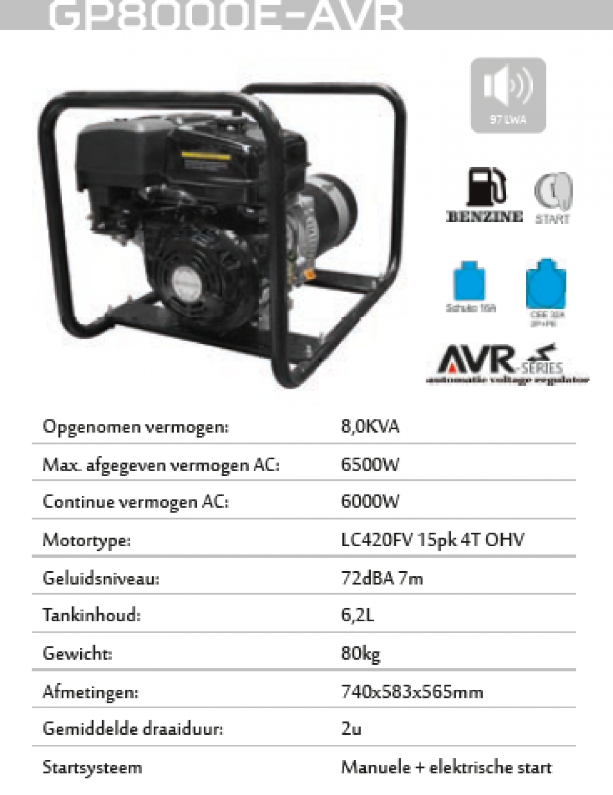 Genermore gp8000e-avr generator 8,0kva - benzine | Tools and Co